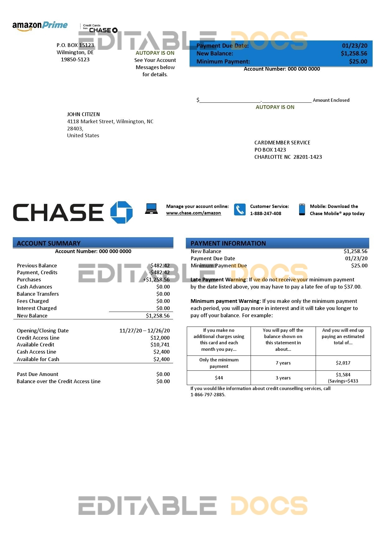 USA Chase bank credit card statement template in .doc and .pdf format | Editable Documents