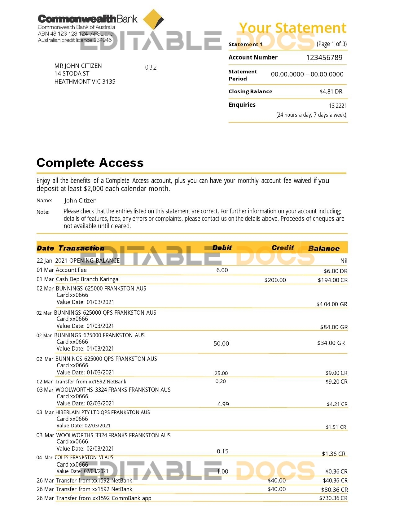 Australia Commonwealth bank statement template in Word and PDF format ...