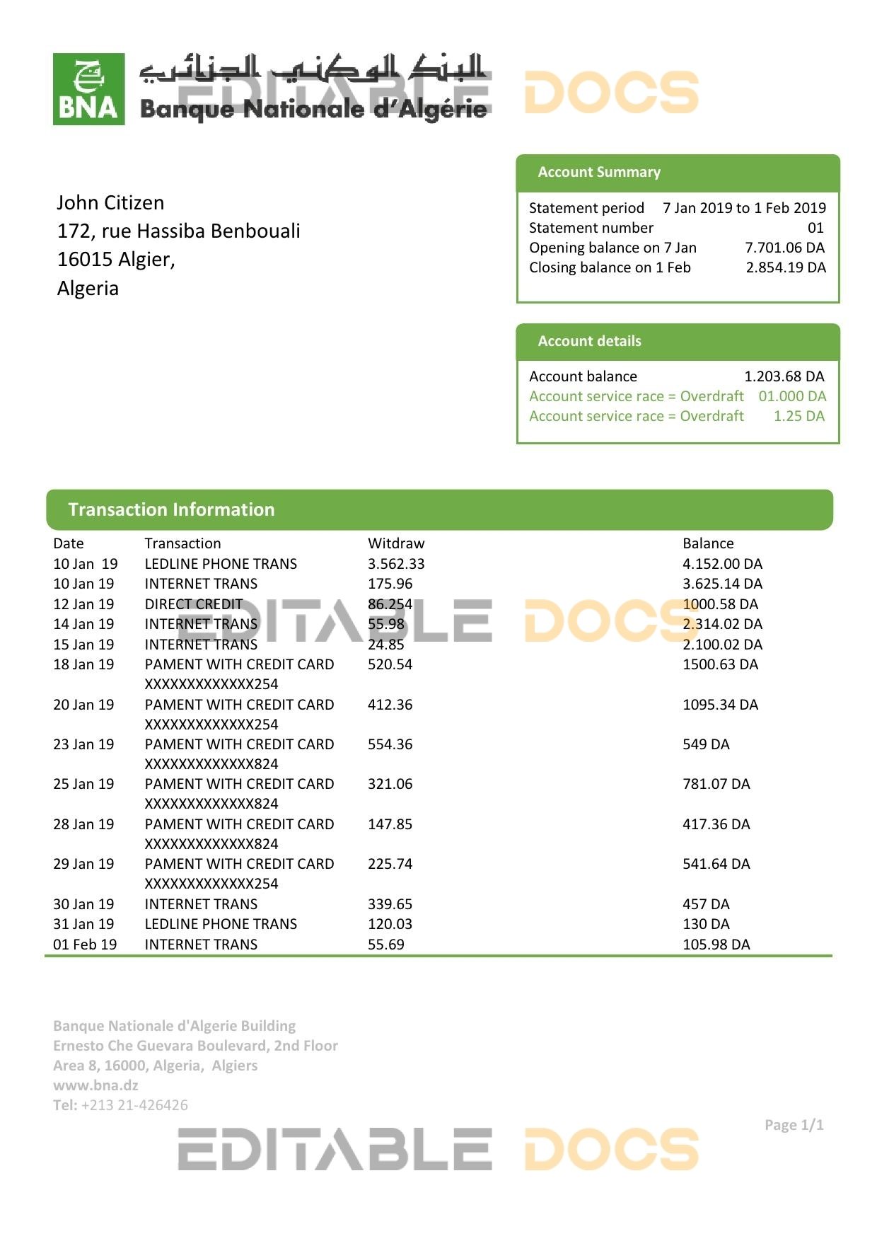 Algeria Banque nationale d’Algérie (BNA) template of bank statement, Word and PDF format (.doc ...