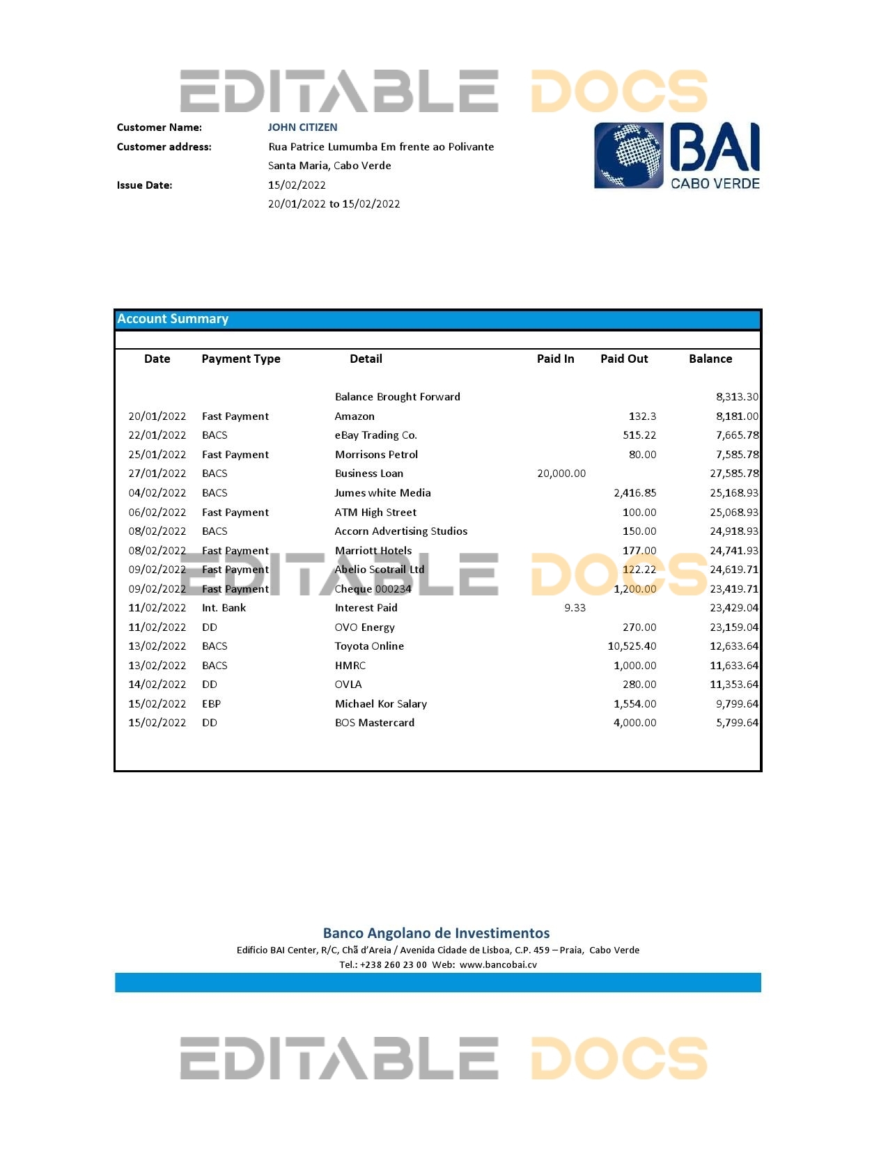Cabo Verde Banco Africano de Investimentos bank statement Excel and PDF template (AutoSum ...