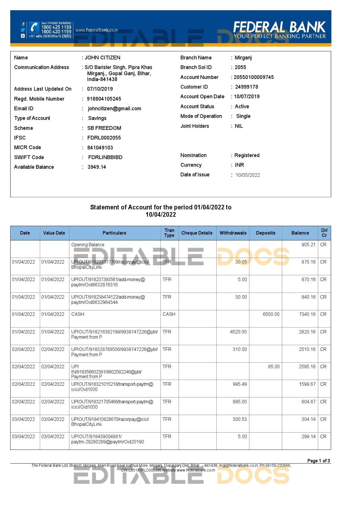India Federal bank account statement, Word and PDF template, 3 pages | Editable Documents