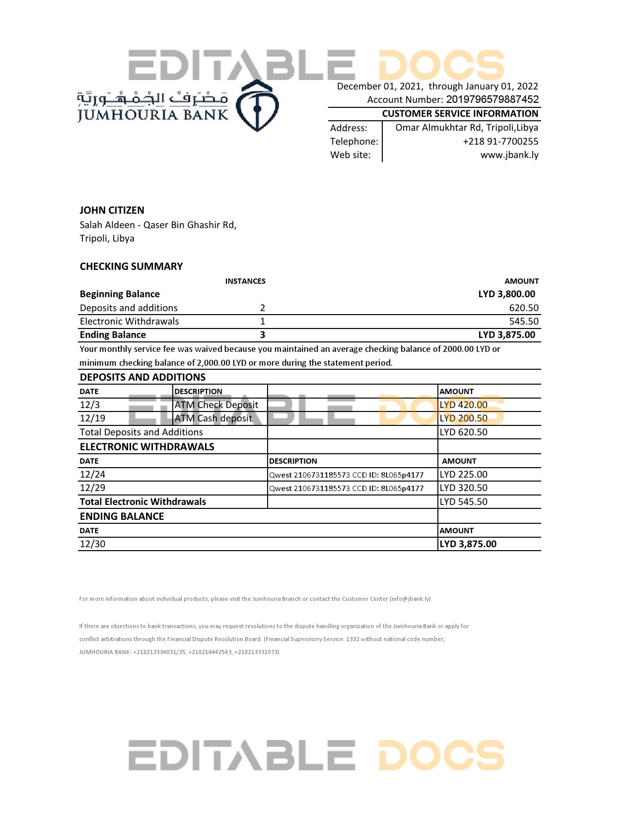 Libya Jumhouria bank statement Excel and PDF template | Editable Documents