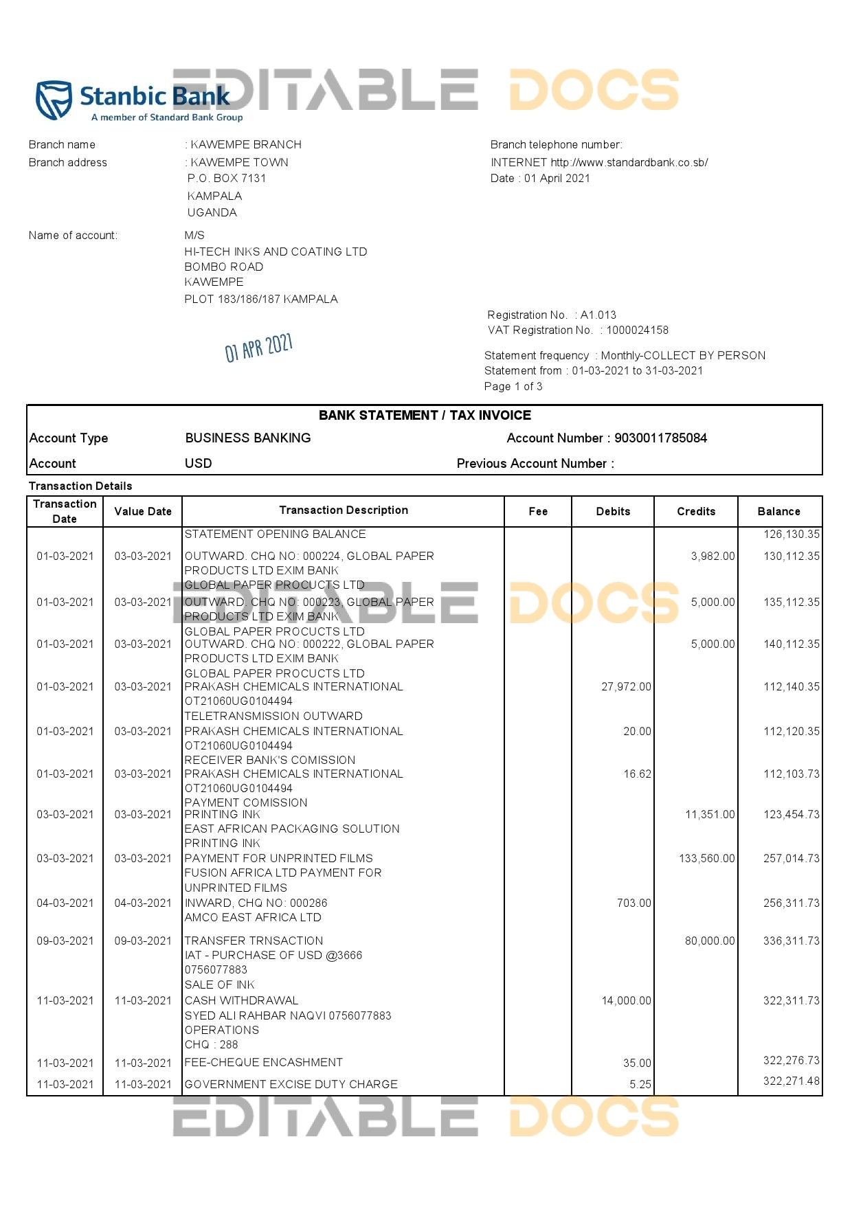Uganda Stanbic bank statement template in Excel and PDF format (3 pages) | Editable Documents